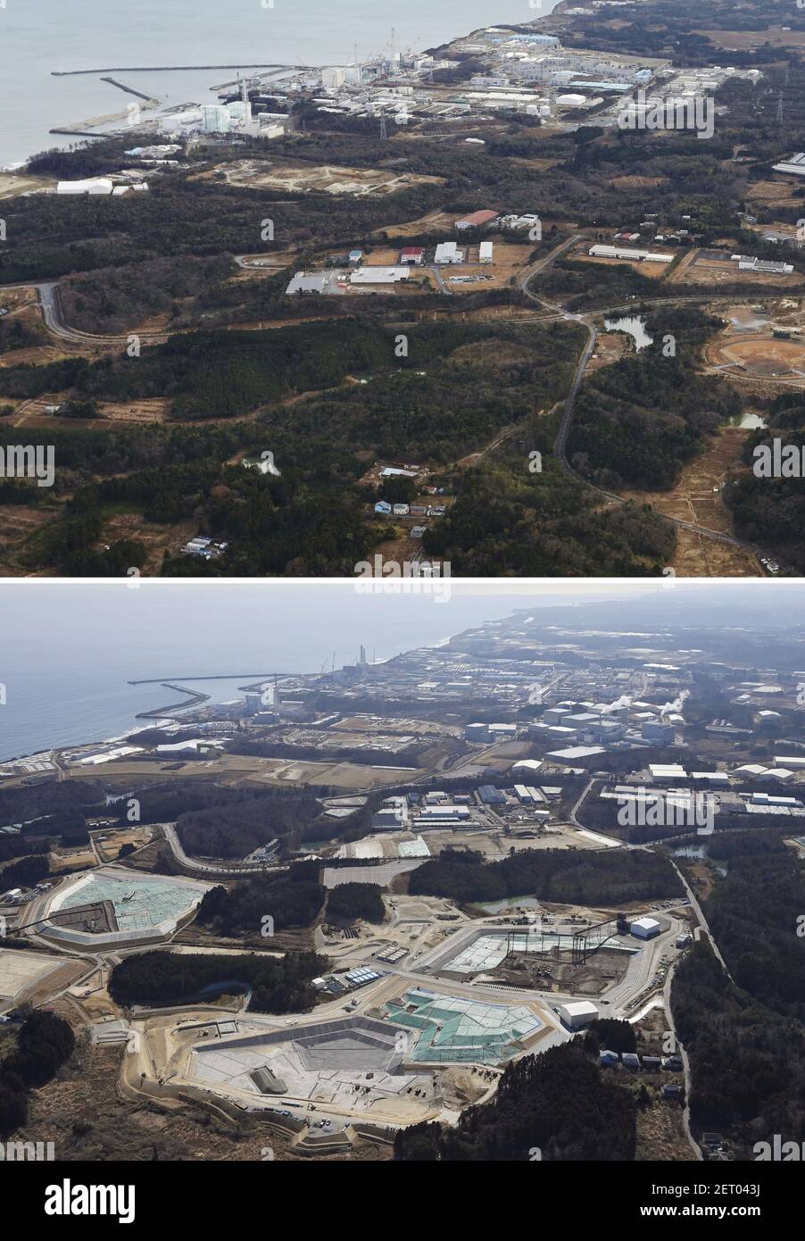 Combined photo shows an aerial view of Futaba (top), a northeastern ...