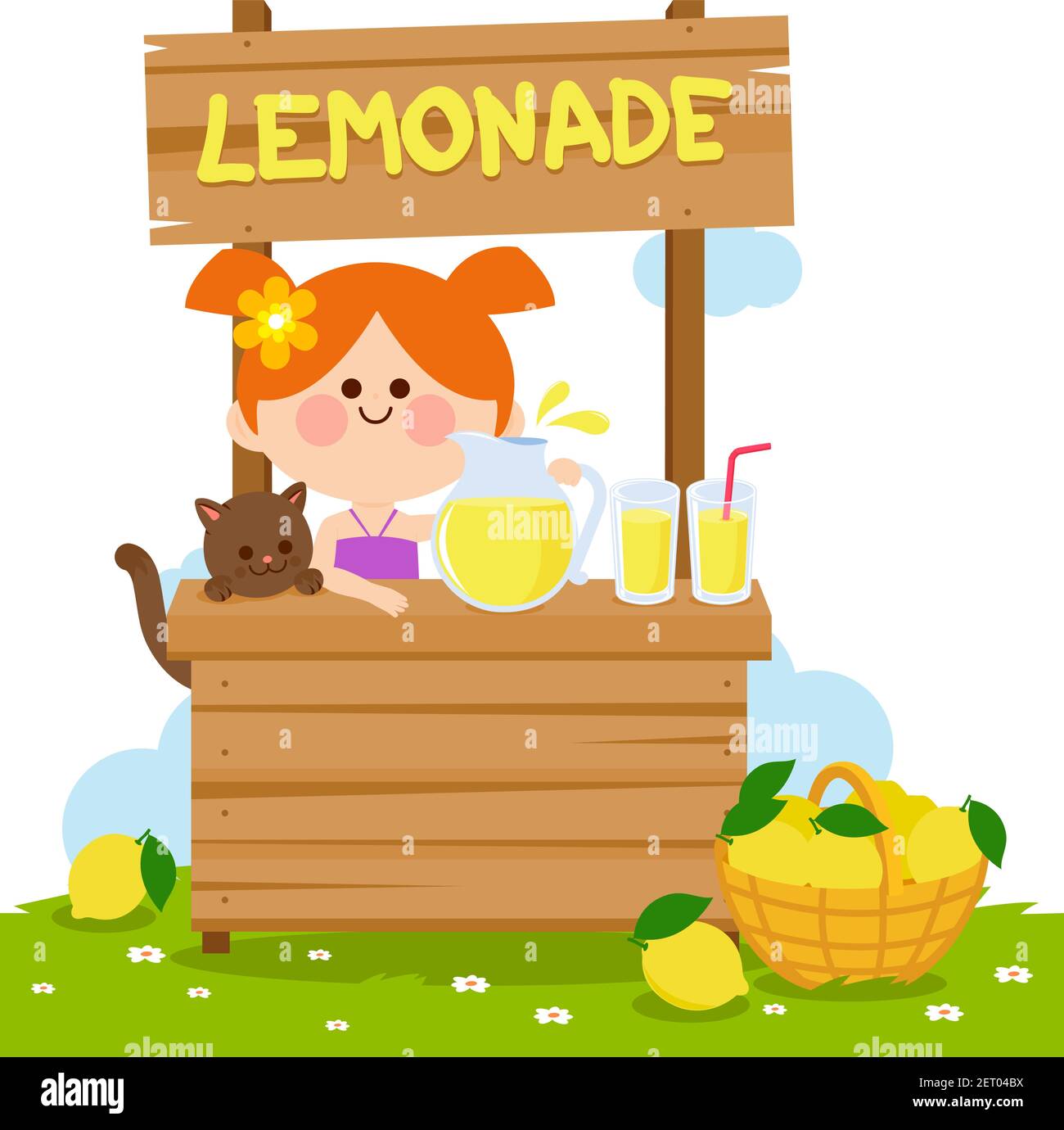 Little girl in a lemonade stand selling lemon juice. Vector ...