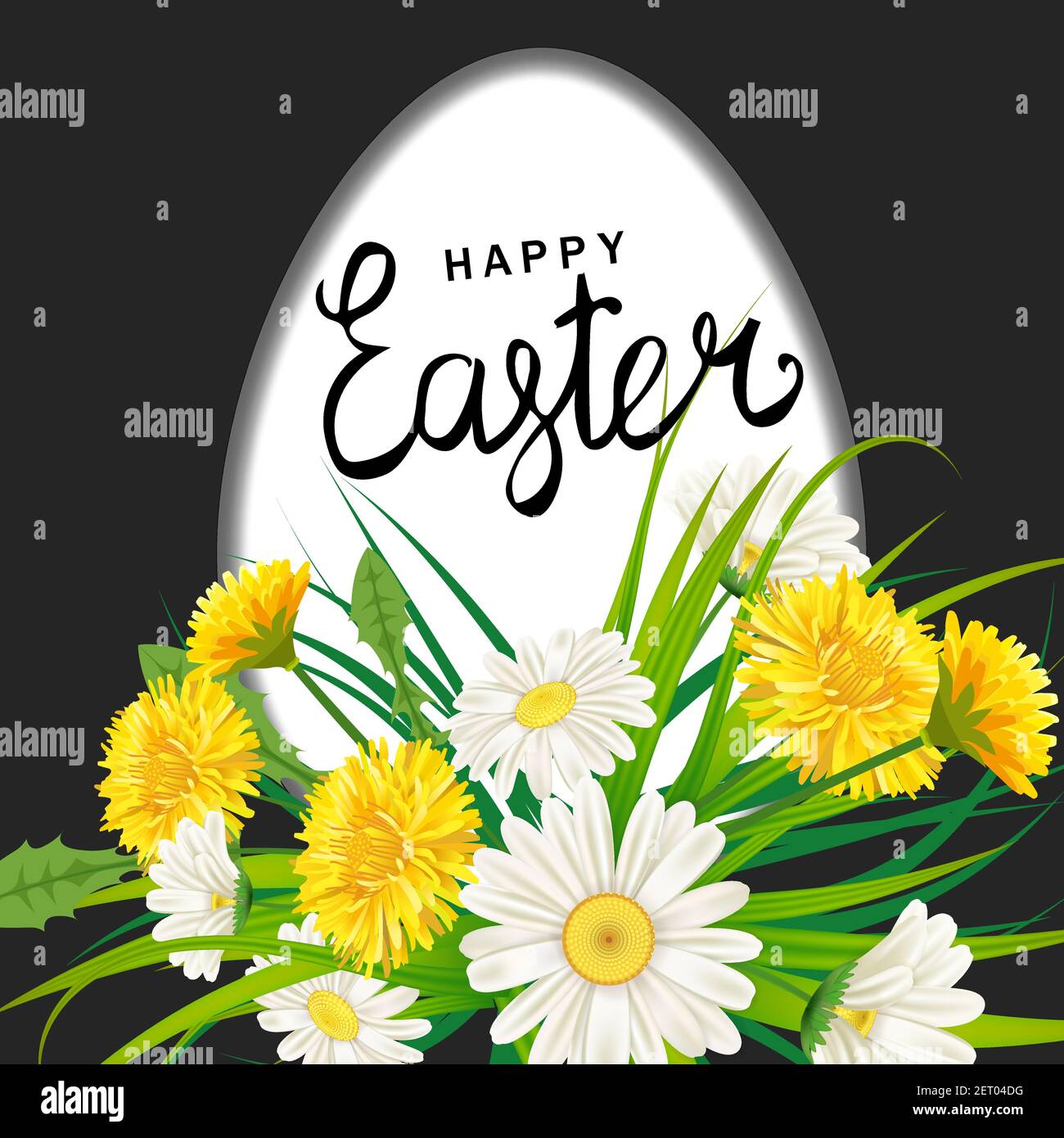 Happy Easter Eagg Lettering Template Banner Dandelions And Daisies