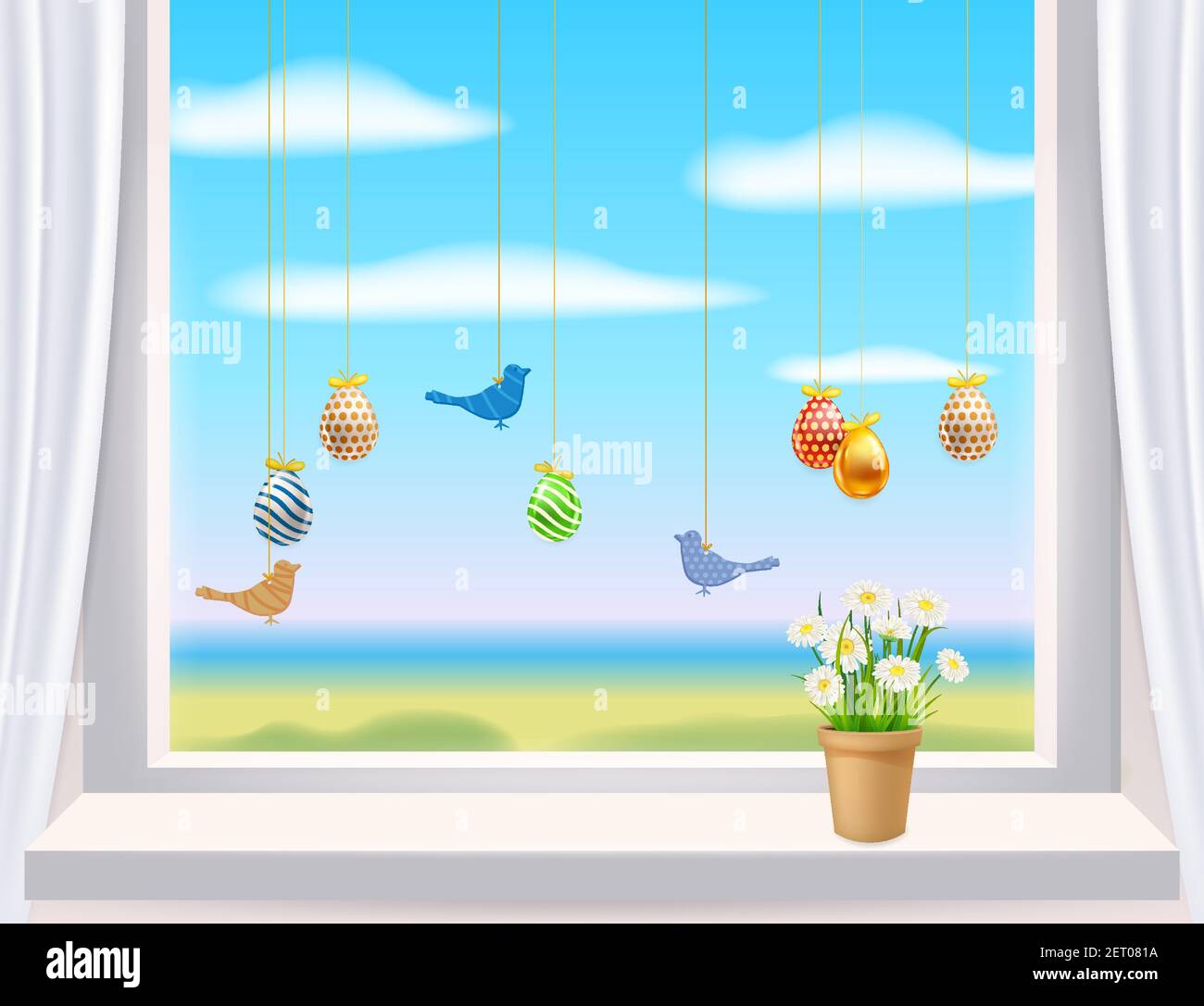 Easter window with colored Easter eggs and birds. Colorful spring ...