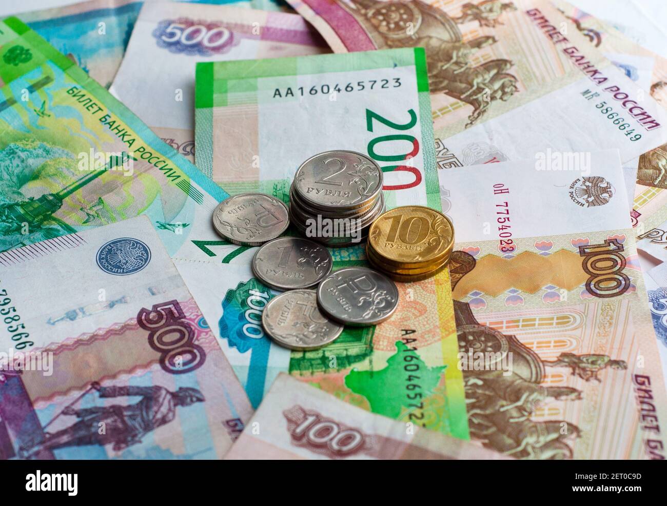 Money of Russia. Banknotes and coins. Close-up of Russian rubles of ...