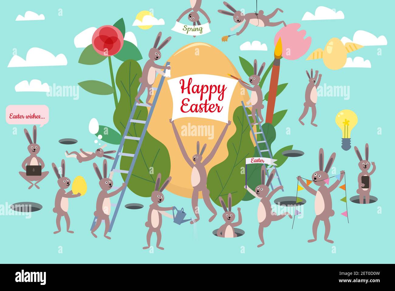 Set of cute Easter cartoon characters and design elements. Easter bunny ...