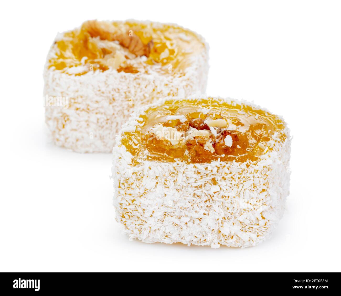 Yellow Turkish Delight with nuts in powdered sugar isolated on white ...