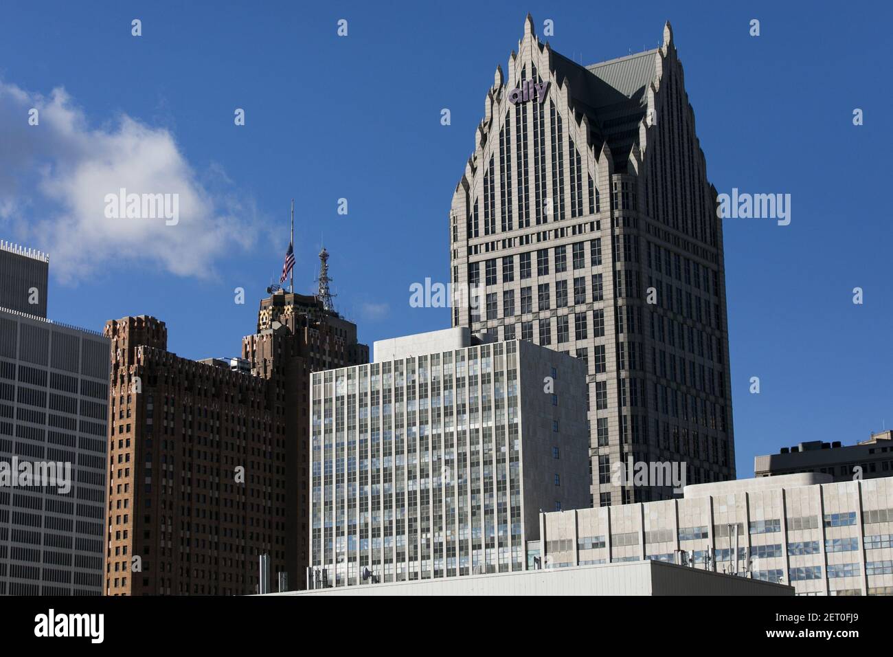 A logo sign outside of the Ally Detroit Center, the headquarters of ...