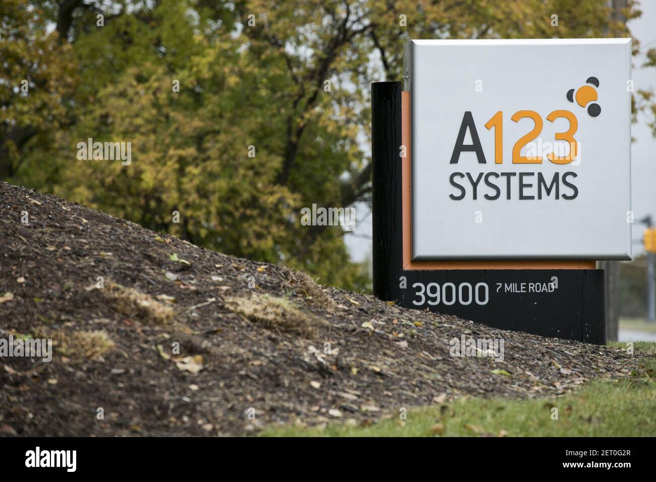 A logo sign outside of the headquarters of A123 Systems in Livonia, Michigan, on October 27 ...