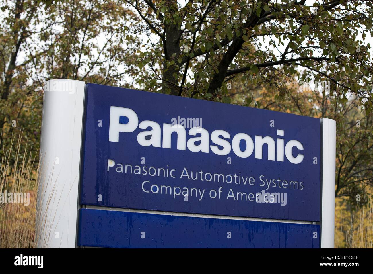 A logo sign outside of a facility occupied by Panasonic Automotive ...
