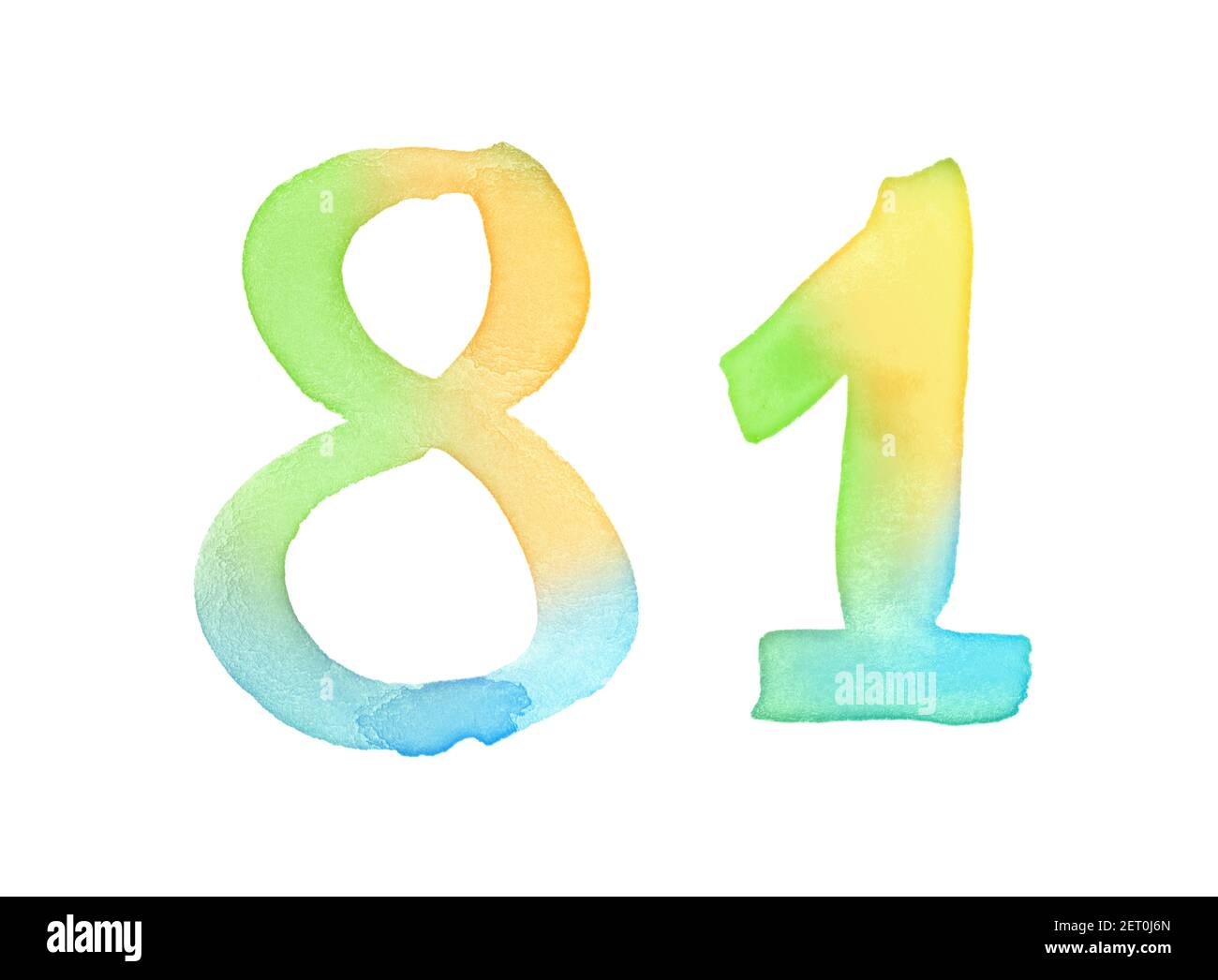 Watercolor numbers, hand-drawn by brush. Multicolor vintage symbol ...