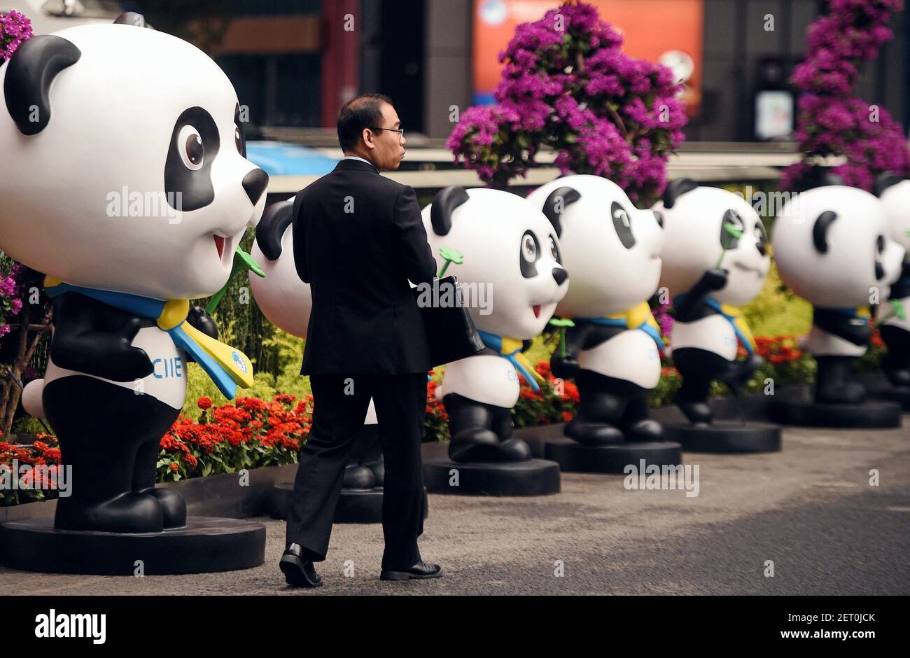 Views of Shanghai. Pandas in front of the building of the exhibition ...