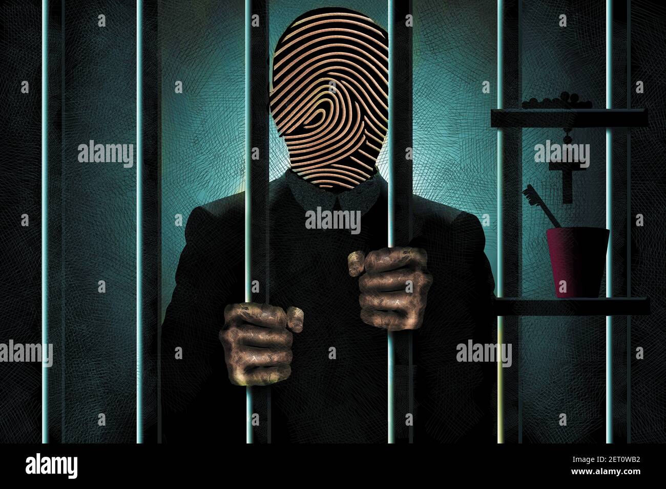 A criminal with a fingerprint for a face, is seen in silhouette behind ...