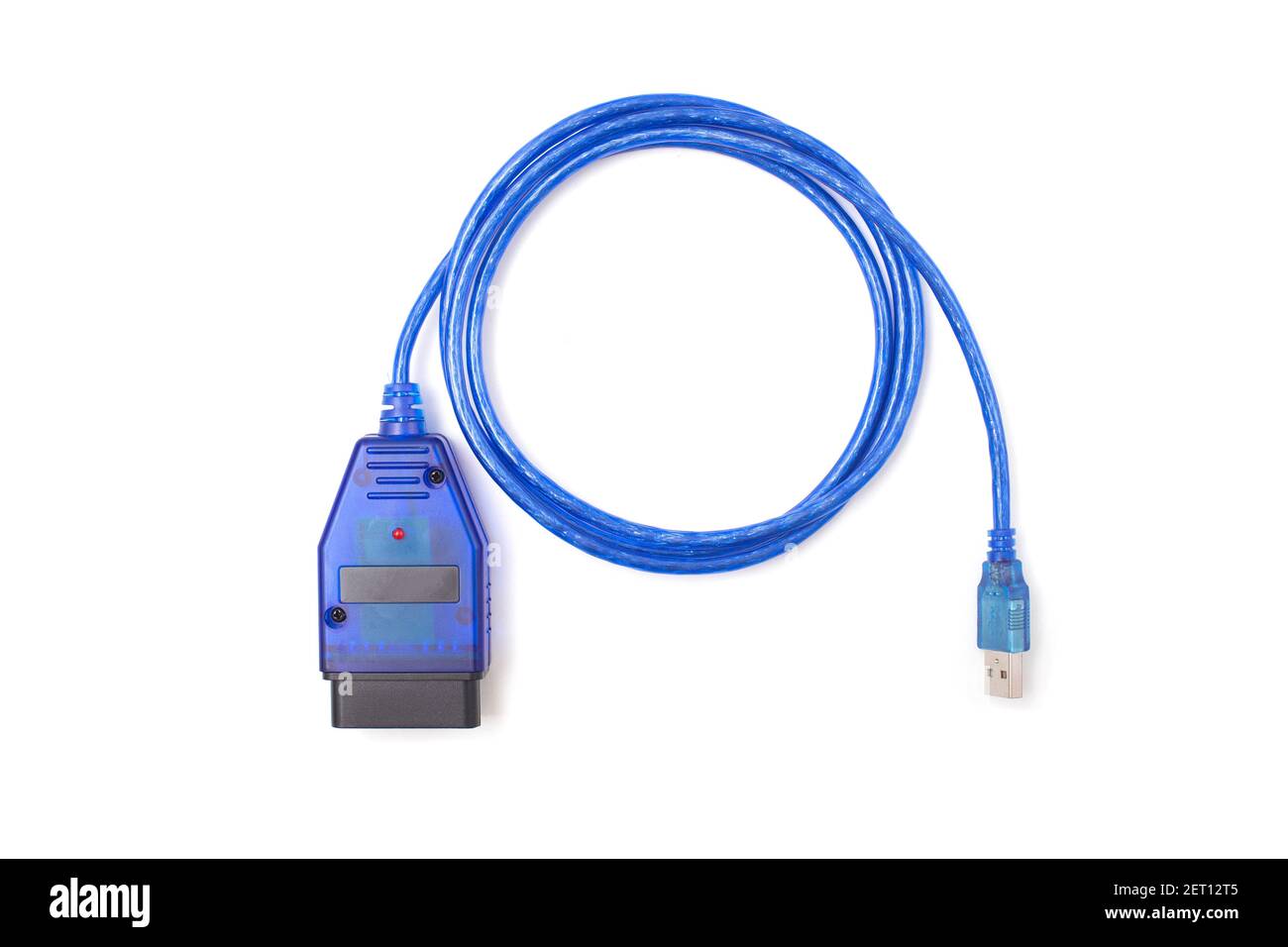 Blue cable for automotive diagnostics of a car on a white background ...