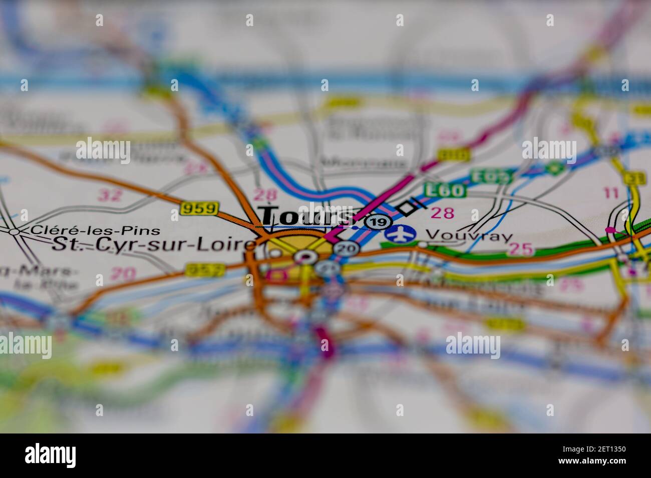 Tours Shown on a road map or Geography map Stock Photo - Alamy