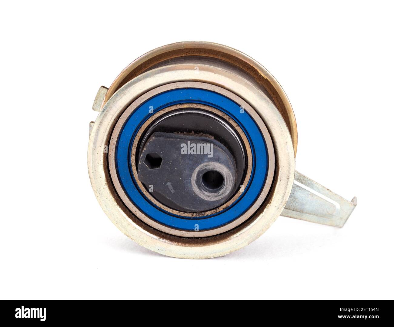 Defective used car timing belt tensioner on white background, isolate ...