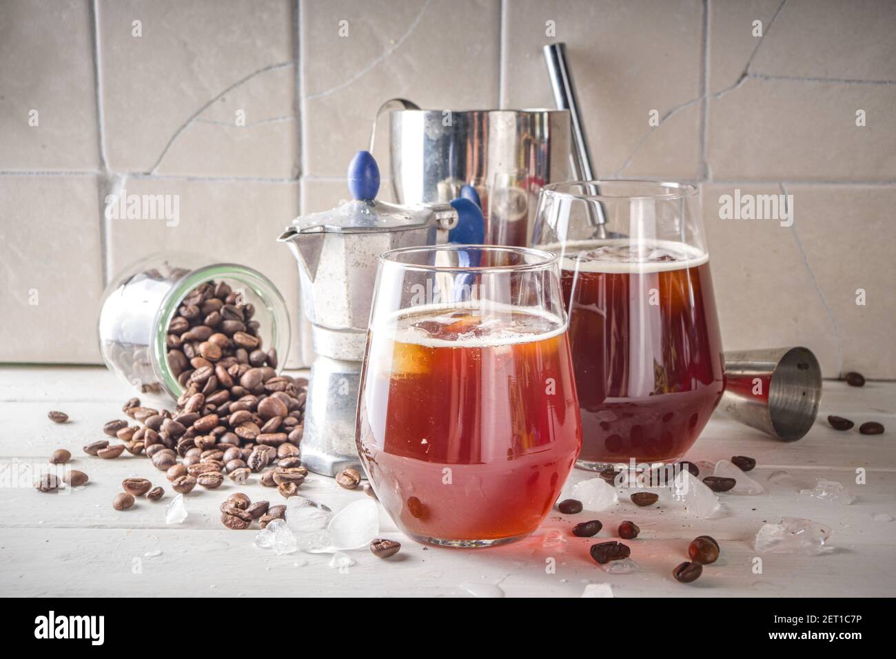 Iced americano espresso coffee without milk, with ice cubes, on white ...