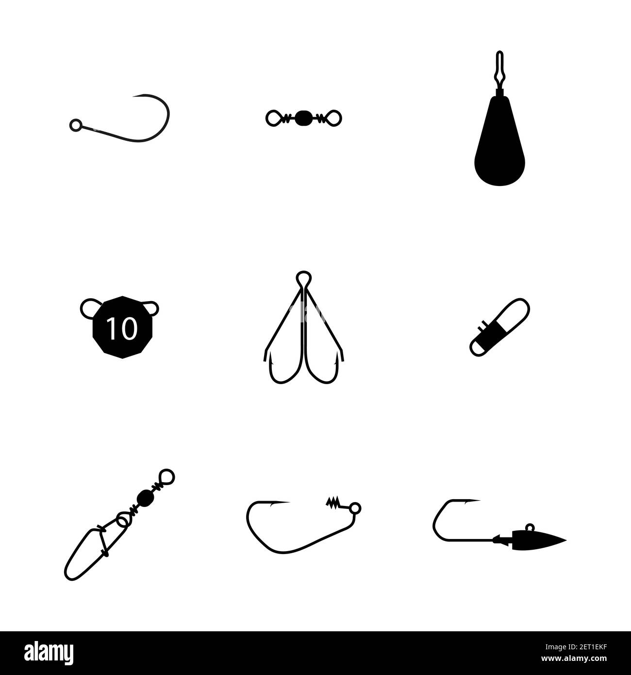 Set of spinning fishing accessories and tackles. Black silhouettes on a ...