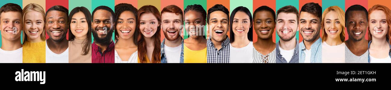 Multiracial People Portraits With Smiling Faces In A Row, Collage Stock ...