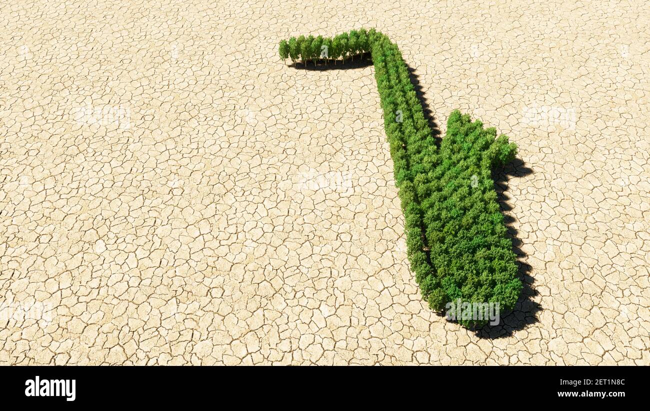 Concept or conceptual group of green forest tree on dry ground ...