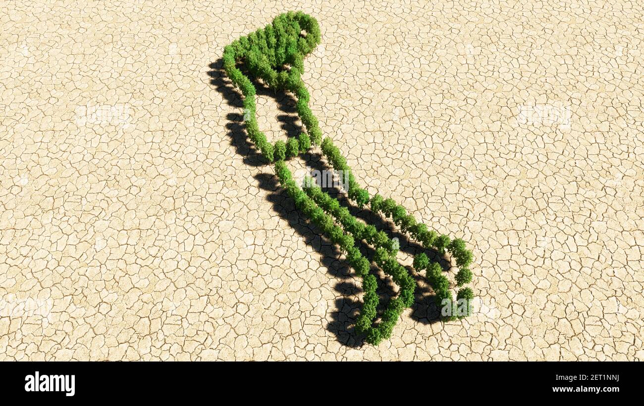 Concept or conceptual group of green forest tree on dry ground ...