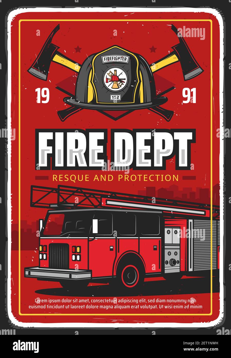 Fire department emergency rescue squad poster. Fire engine or truck ...