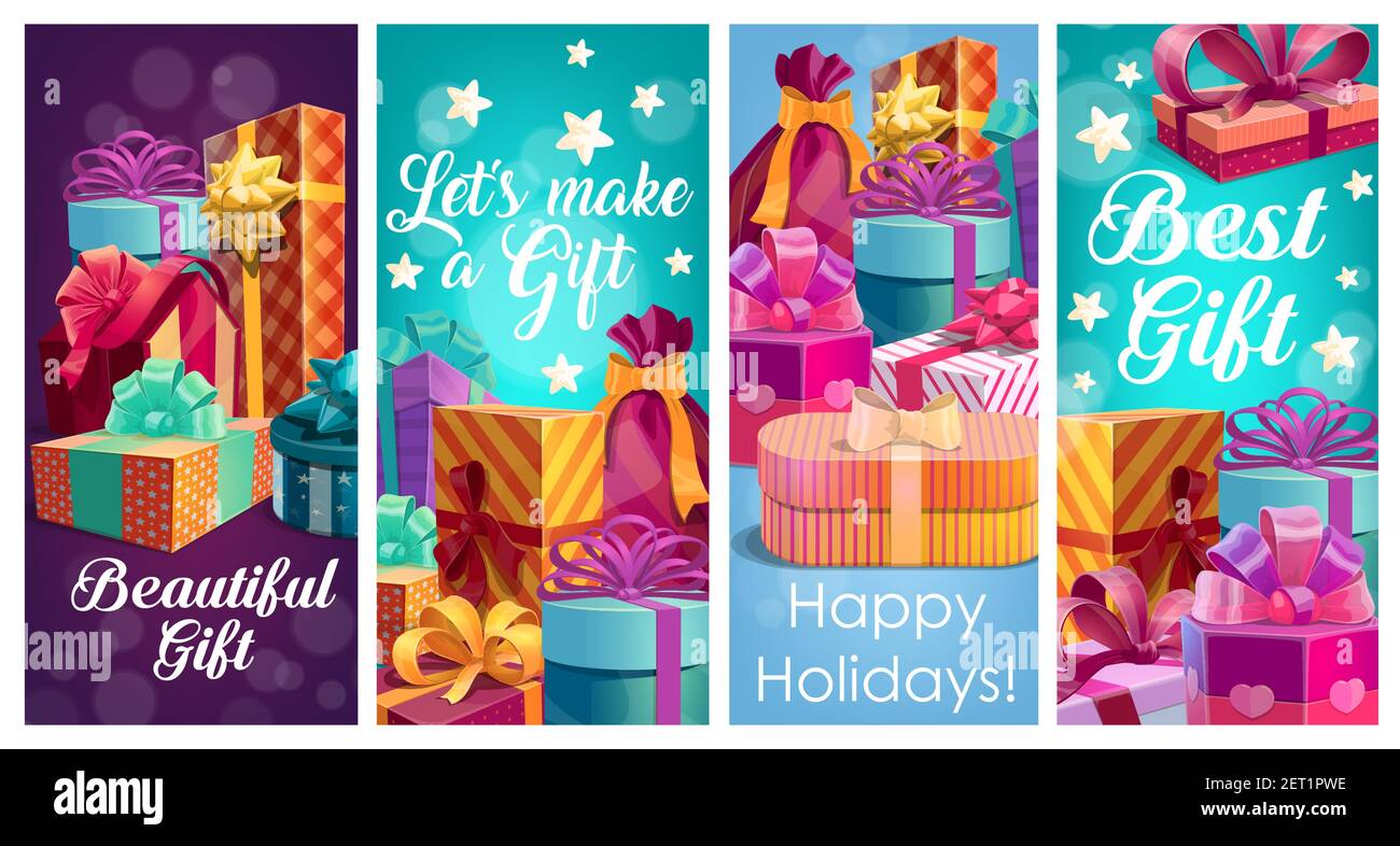 Holiday gifts banners. Giftboxes decorated color ornate wrapping paper ...