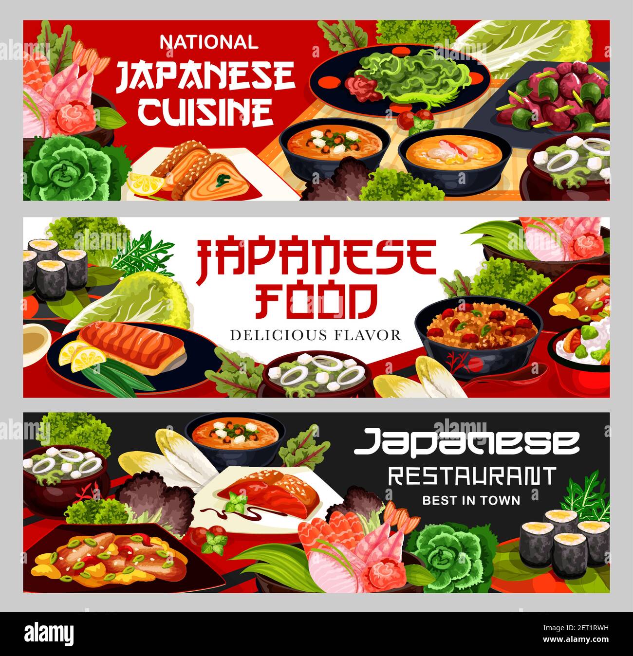 Japanese cuisine food, Japan restaurant banners, seafood, noodles and ...