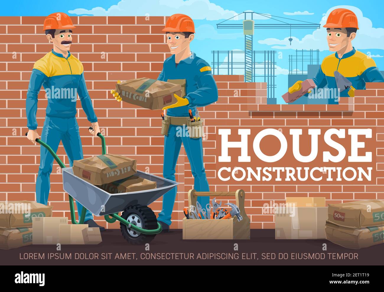 House construction worker, mason and foreman. Workers in uniform and ...
