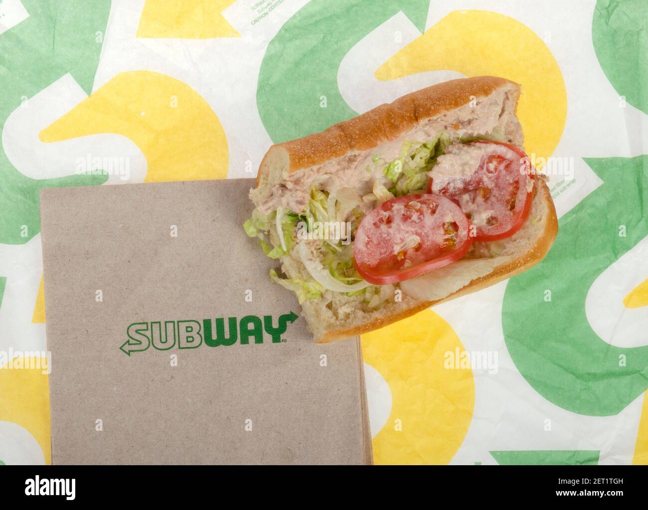 Subway Tuna Sub with lettuce & tomato on wrapper Stock Photo - Alamy