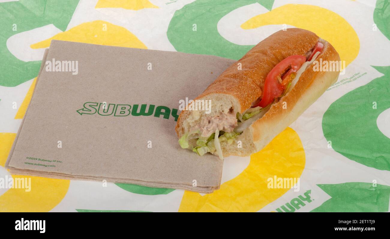 Subway Tuna Sub with lettuce & tomato on wrapper Stock Photo - Alamy