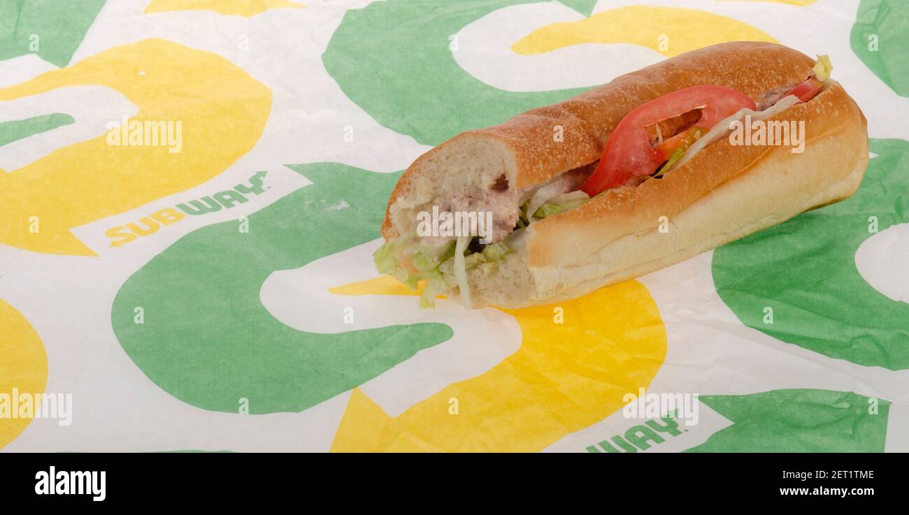 Subway Tuna Sub with lettuce & tomato on wrapper Stock Photo - Alamy
