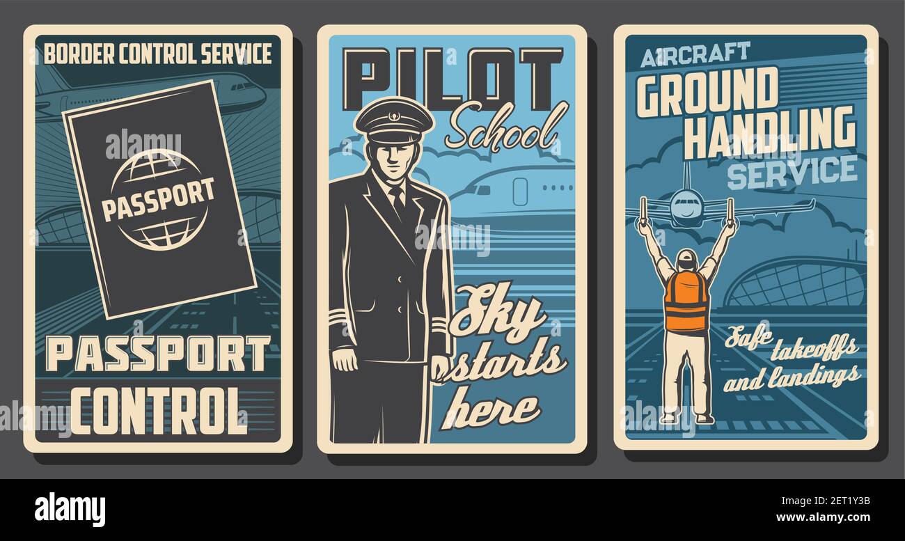 Aviation vector retro posters. Passenger airlines passport or border ...