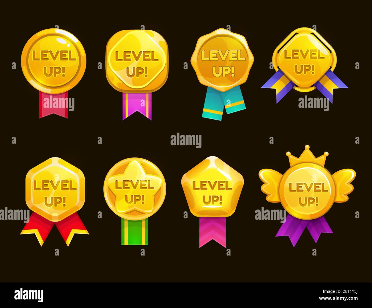 Level up ui game icons, casino bonus vector stars, golden labels with award ribbons. Medal for ...