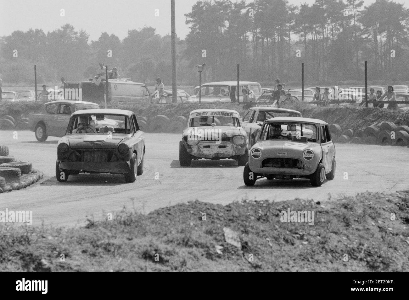 Mini leading hotrod race at Swaffham Raceway 1975-76 Stock Photo - Alamy
