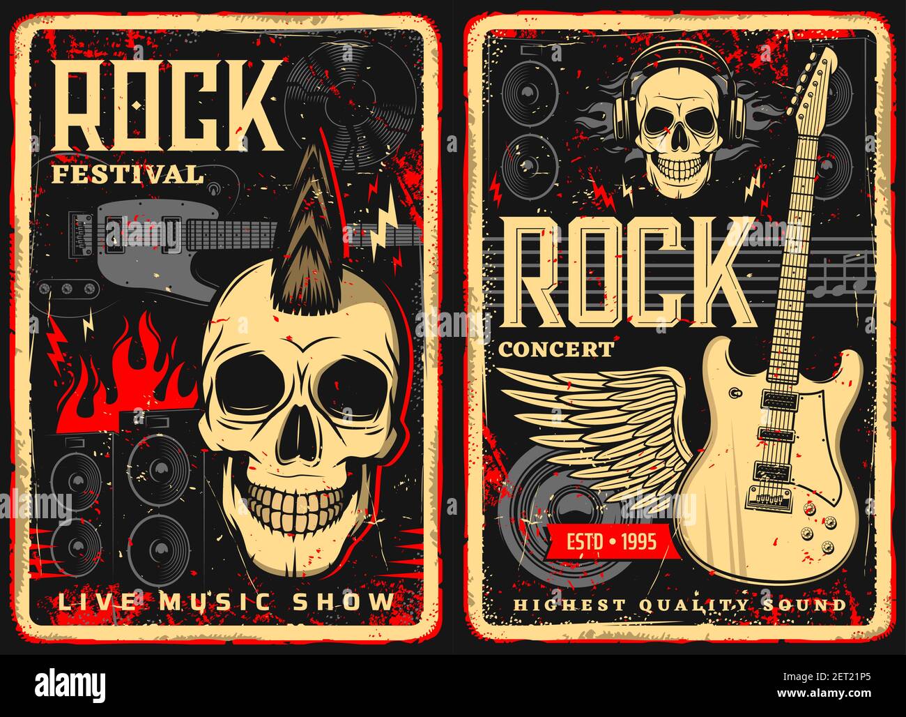Hard rock music retro flyers or posters. Human skulls and electric ...