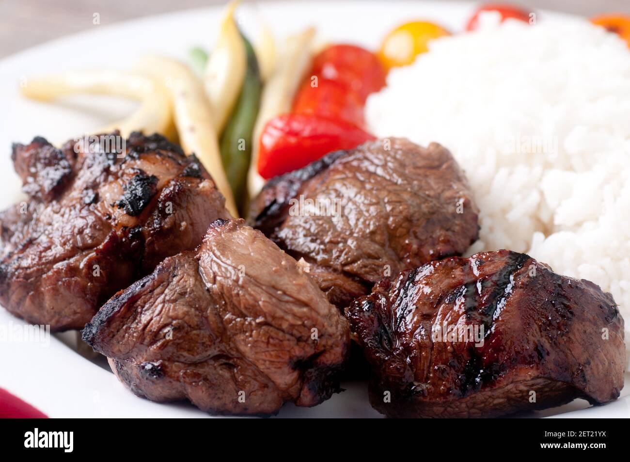 healthy bbq beef kabobs with roasted vegetables and white rice Stock ...