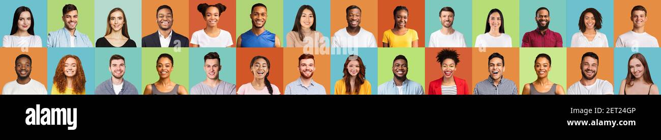 Portraits Collage With Happy People Faces On Colored Backgrounds ...