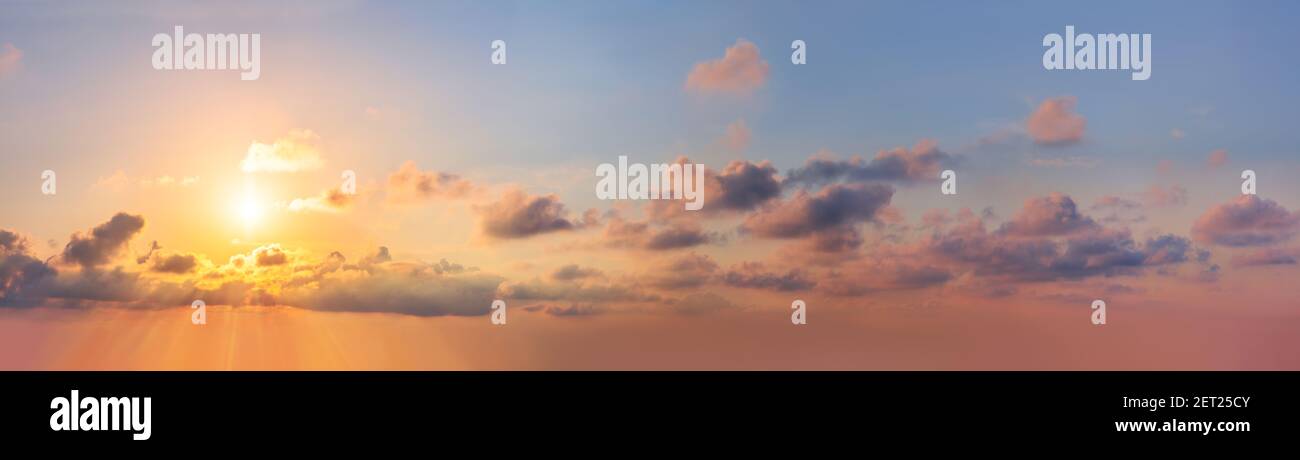 Huge Panoramic view of Sunset Sunrise Sundown Sky with real sun, long ...