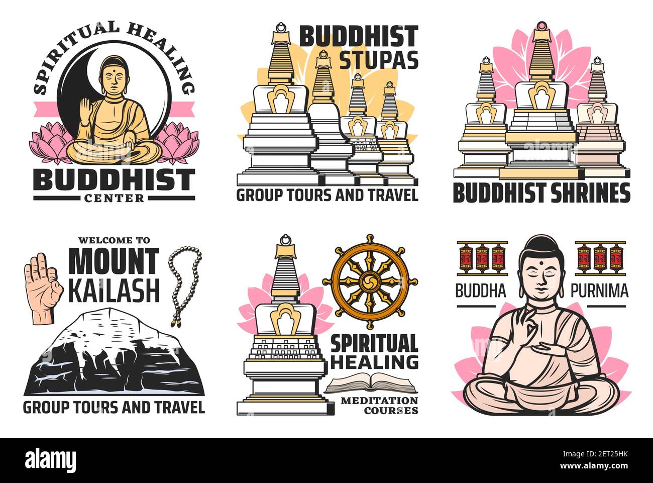 Buddhism religion symbols vector icons. Buddhist symbolic beads, stupa ...