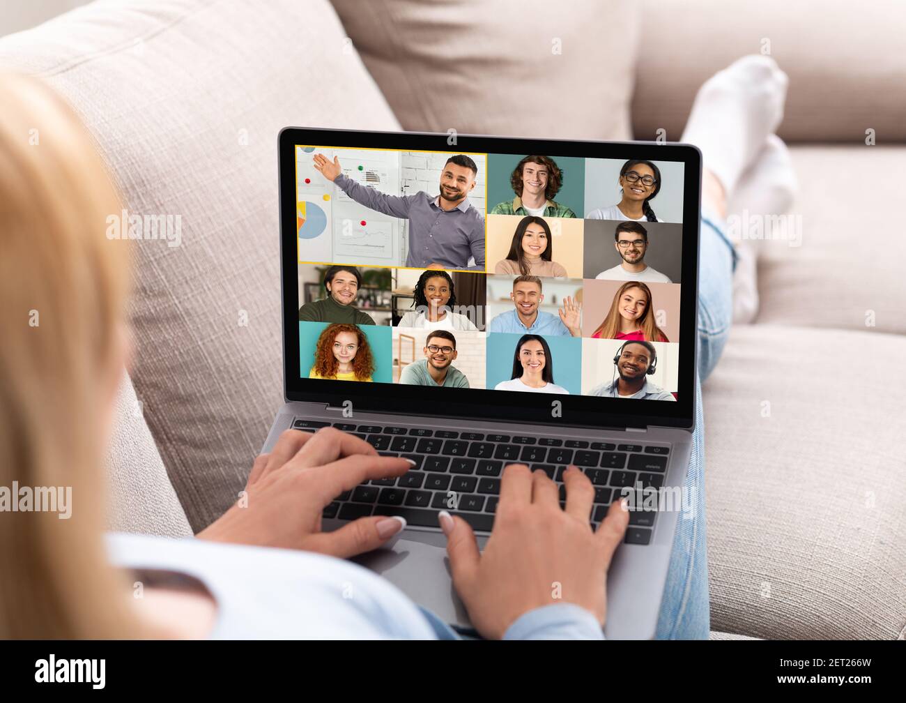 Online Training. Group Of Multiethnic Young People Having Web Lesson ...