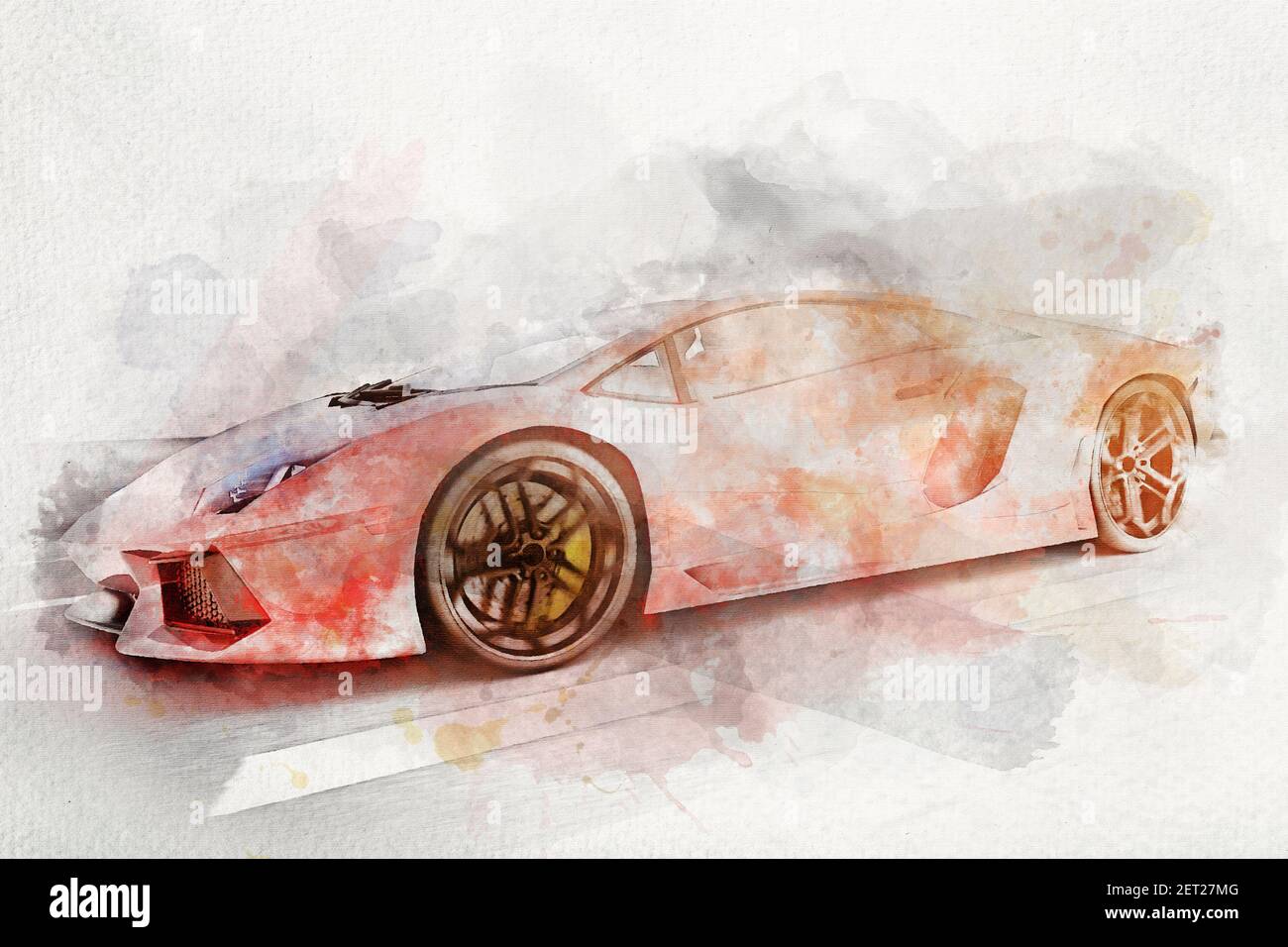 Watercolor painting of modern red metallic sports car driving fast on ...