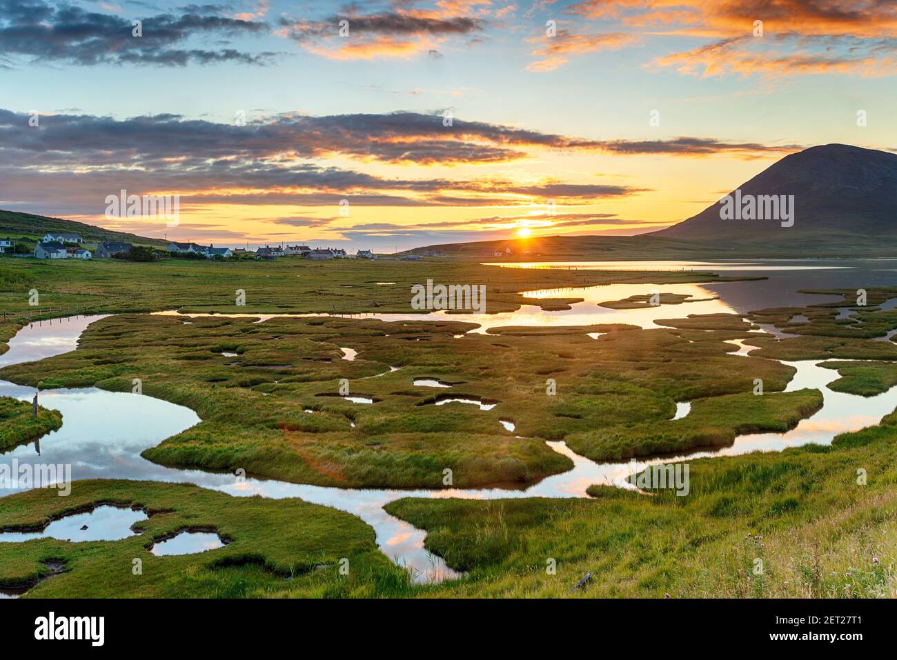 Sunset across the salt marsh at Northton on the Isle of Harris in ...