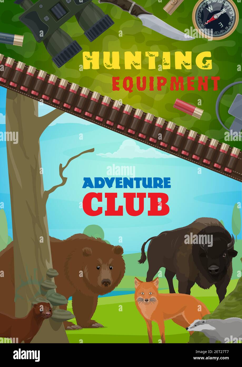Hunting equipment, adventure club vector poster. Cartoon hunter ammo ...