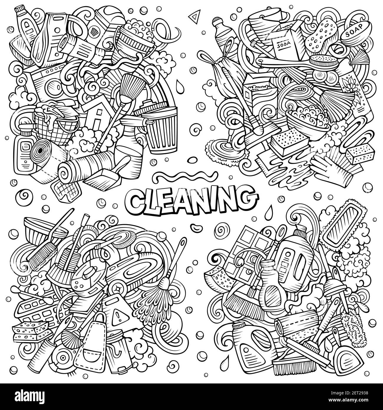Cleaning cartoon vector doodle designs set. Line art detailed ...