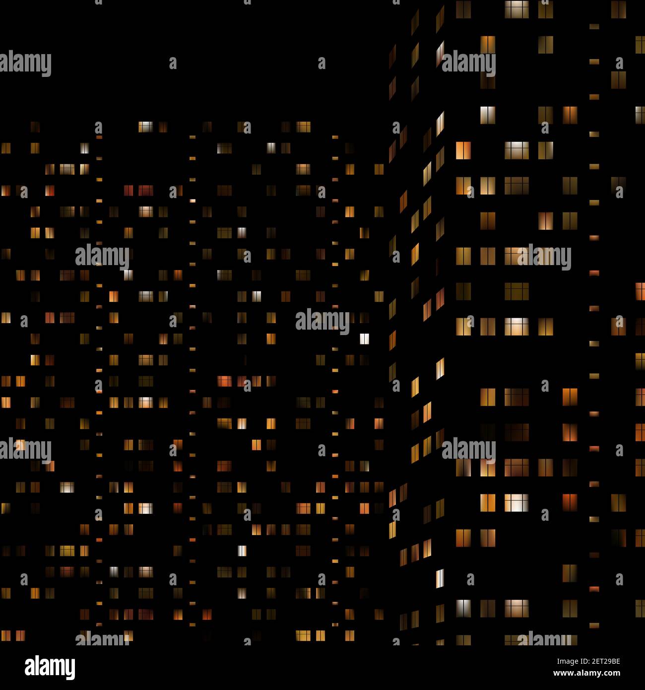 Glowing gold windows of buildings at night on a black background. City ...