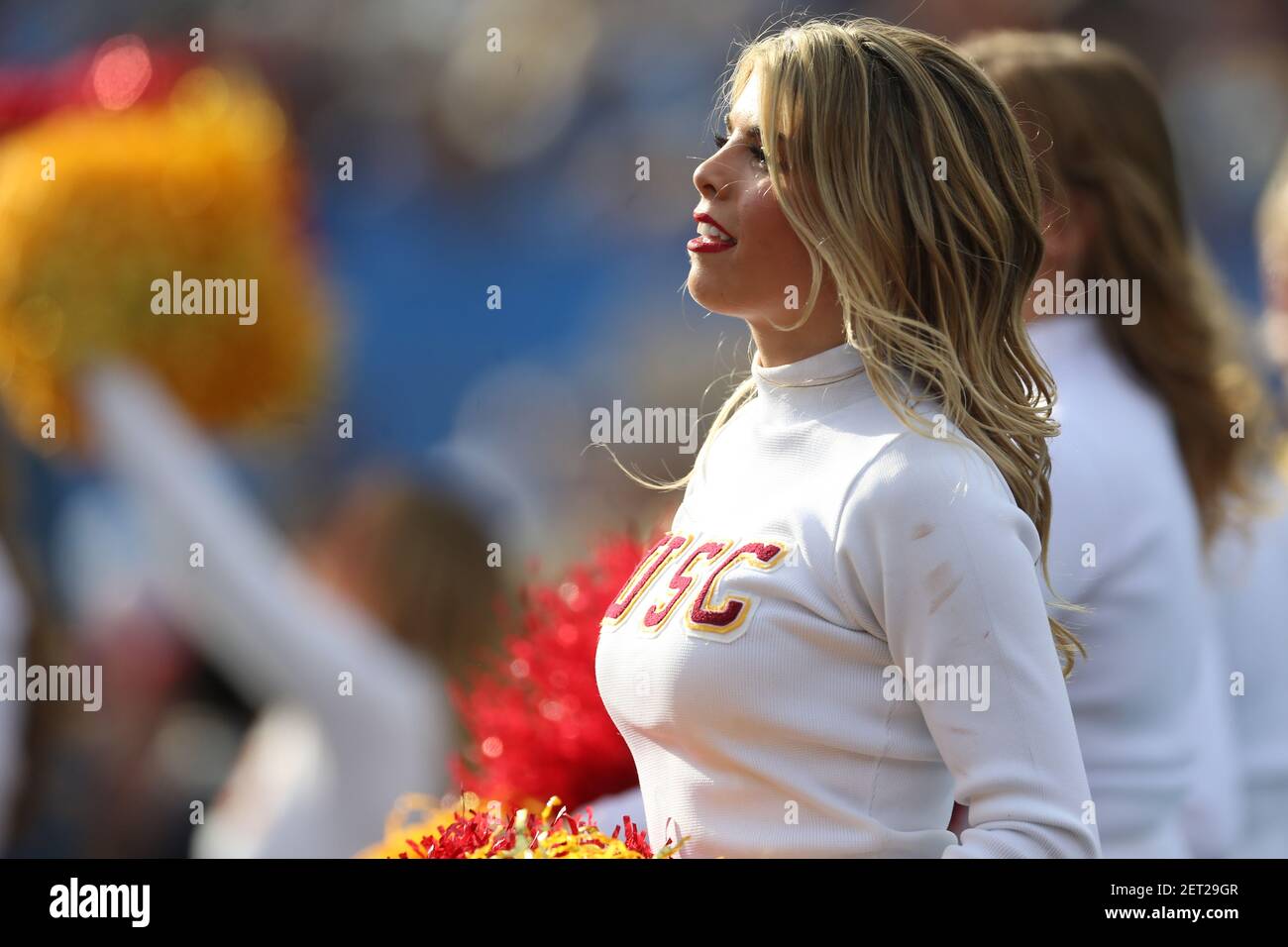 November 17, 2018: A USC Song Girl looks out toward the stands during ...