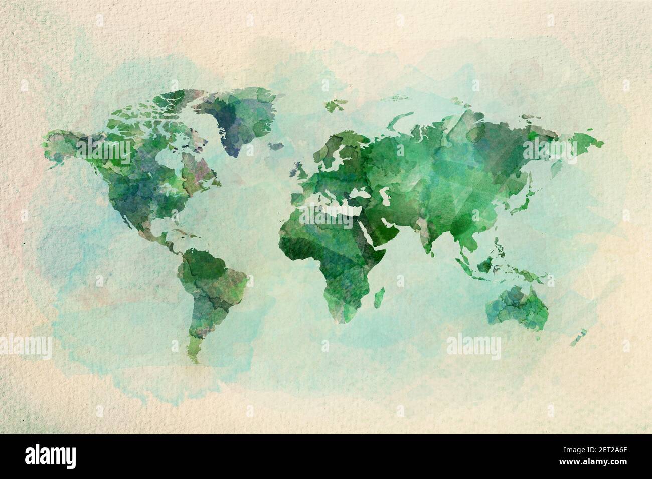 Watercolor vintage world map in green colors on paper texture. Colorful ...