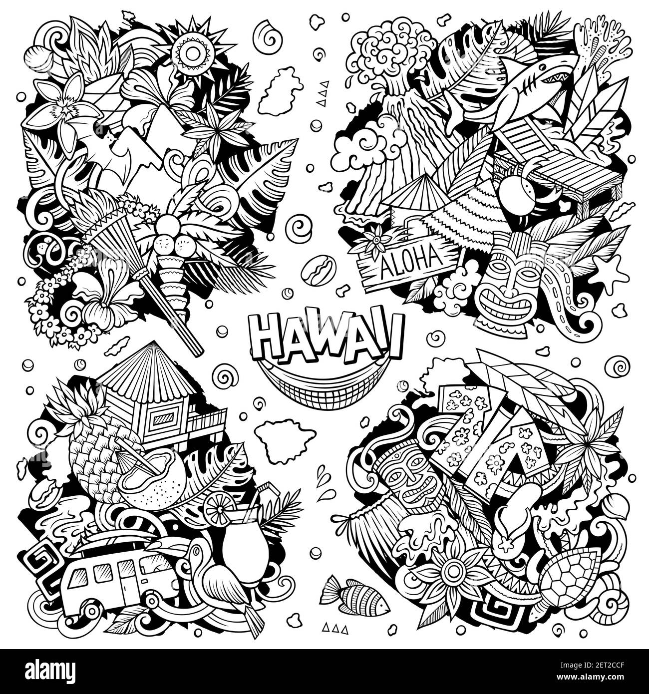 Hawaii cartoon vector doodle designs set. Line art detailed ...