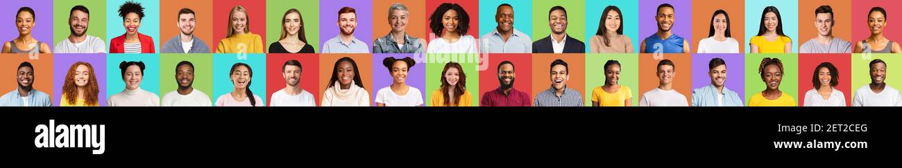 Collection Of Happy Millennial People Faces On Colorful Studio ...
