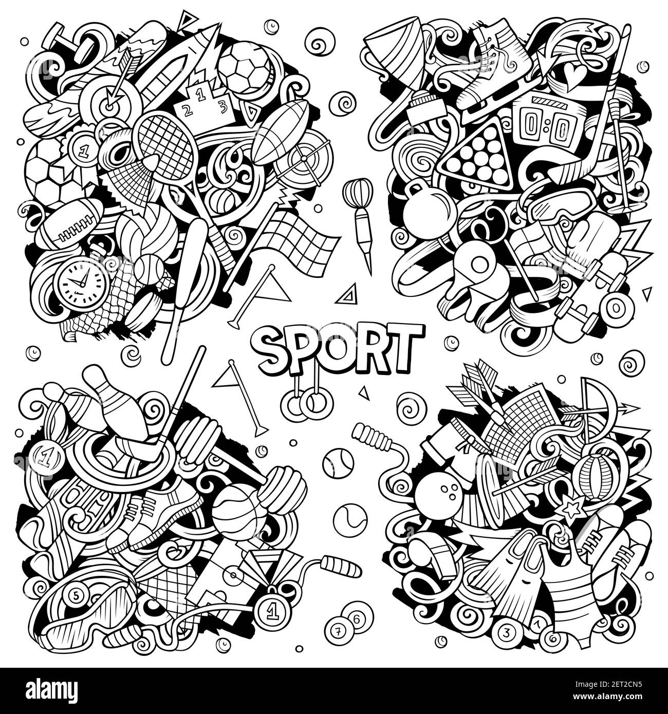 Sports cartoon vector doodle designs set. Line art detailed ...