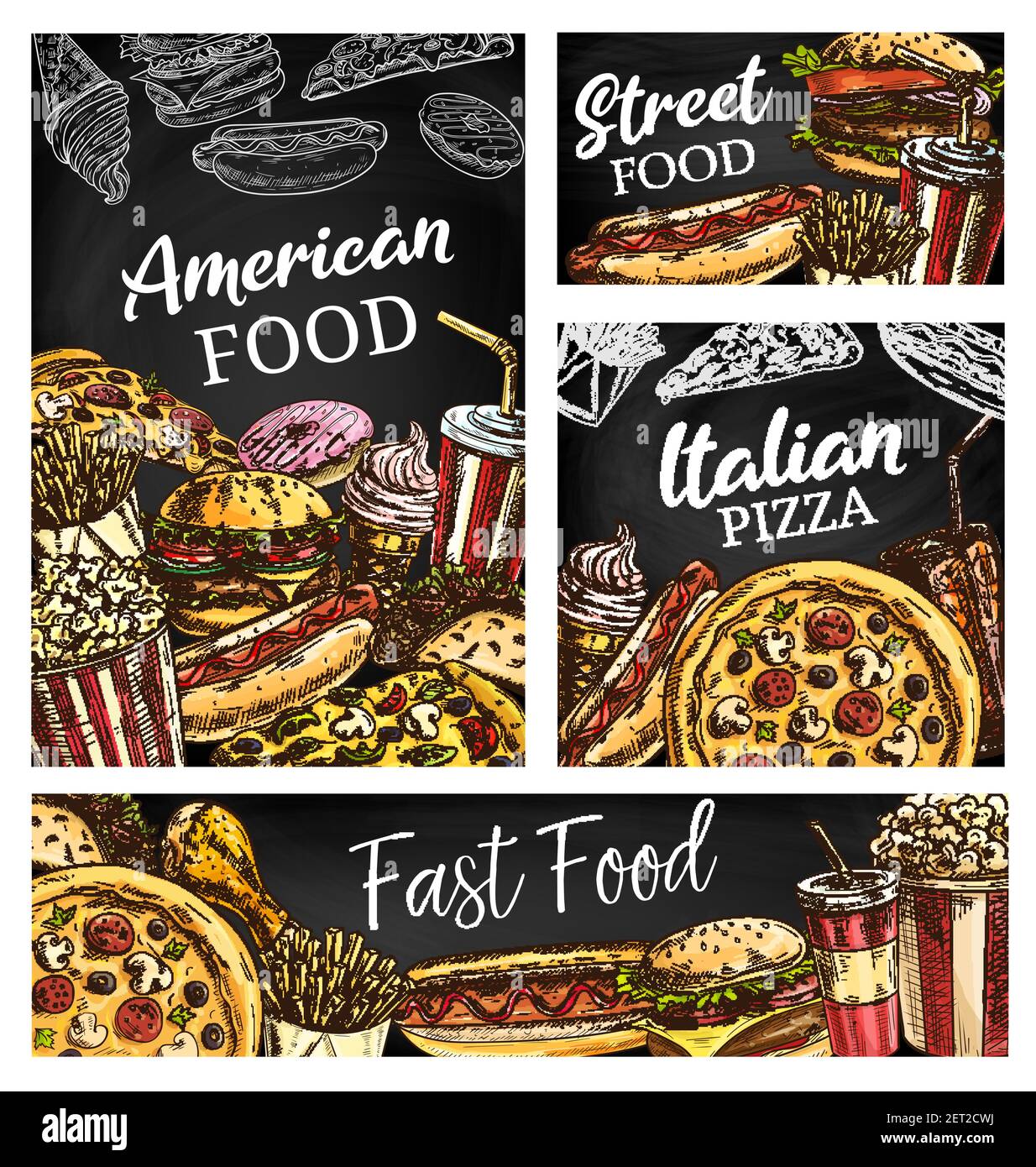 American fastfood posters, sketch takeaway fast food vector burger, hot ...