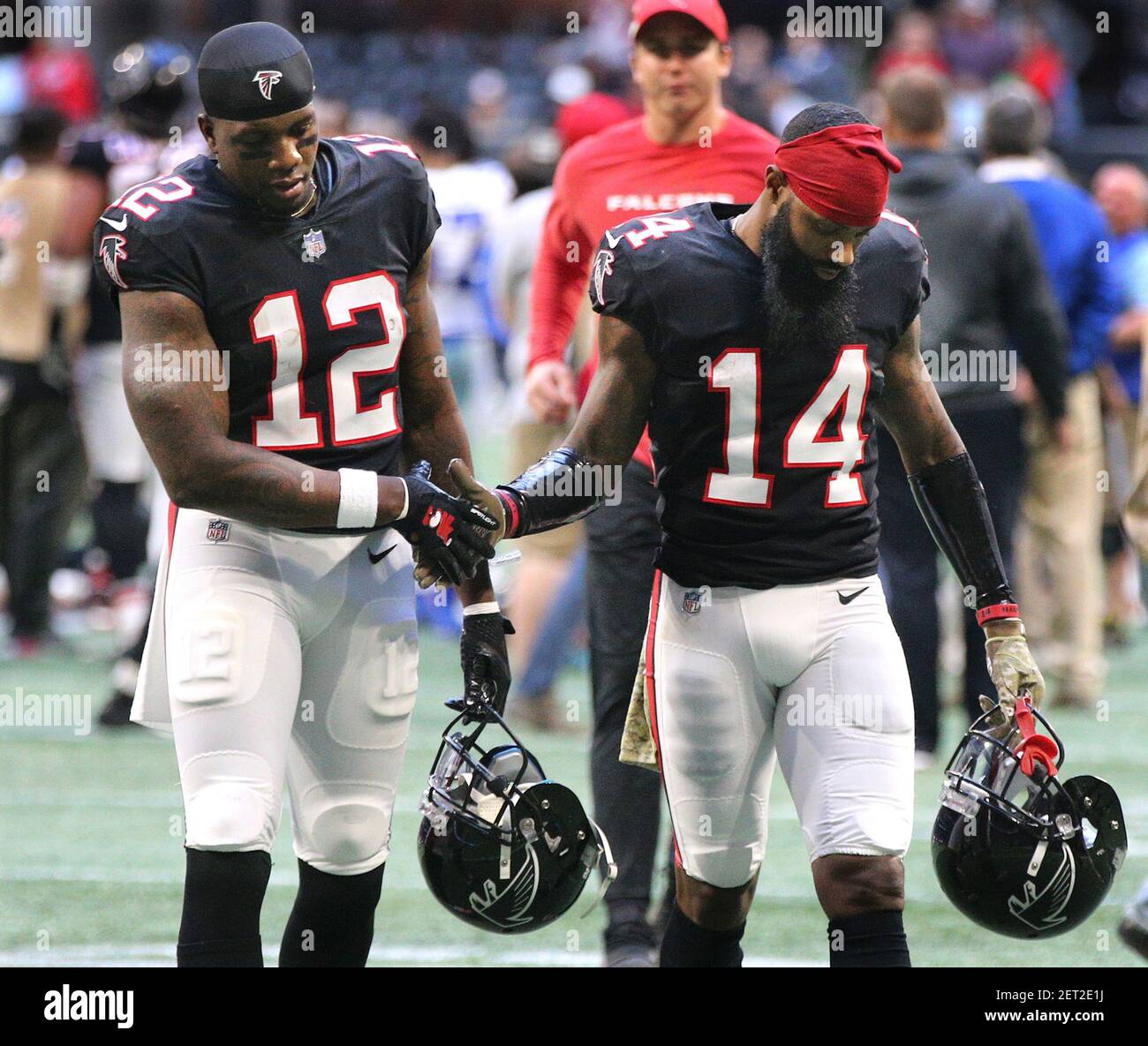 Atlanta Falcons wide receivers Mohamed Sanu (left) and Justin Hardy ...