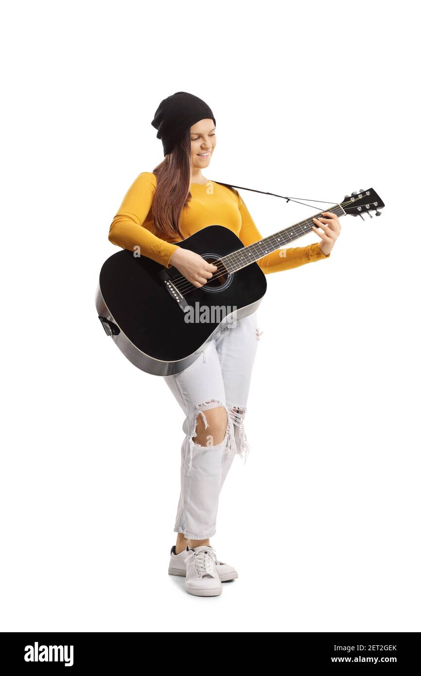 Full length portrait of a cool female musician playing an acoustic ...